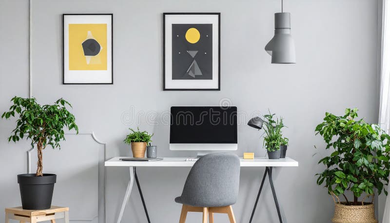 Patterned Posters Above Desk with Computer Monitor in Grey Home Office ...