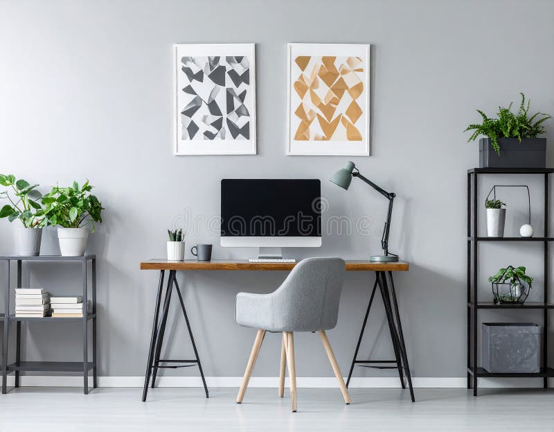 Patterned Posters Above Desk with Computer Monitor in Grey Home Office ...