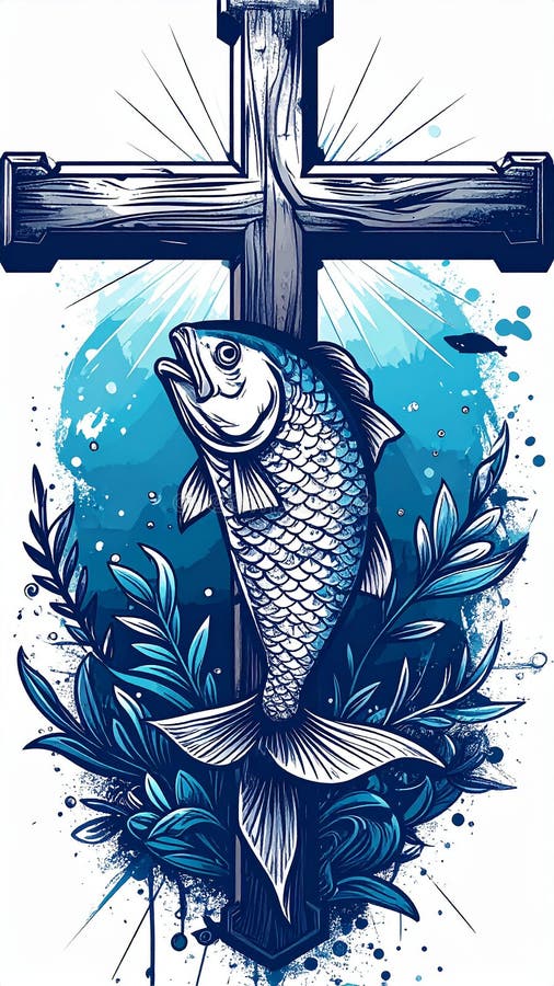A Vector Drawing Represents Jesus Cross Bible Fish Design Stock ...