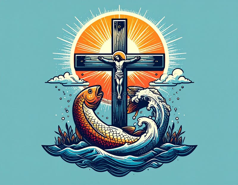 A Vector Drawing Represents Jesus Cross Bible Fish Design Stock ...