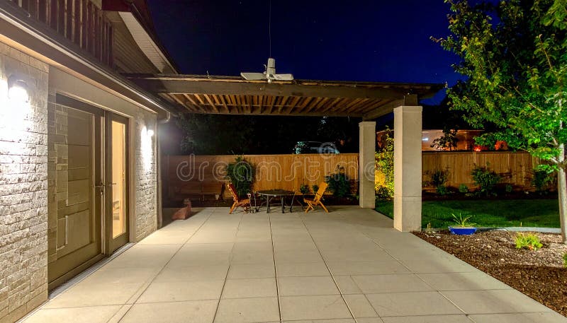 Horizontal View of Modern Patio at Night Stock Illustration ...