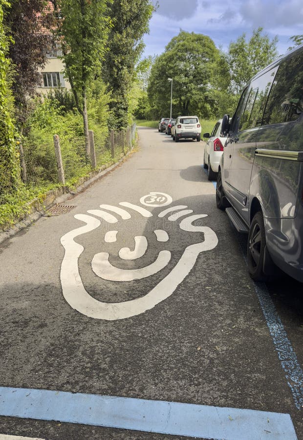 Playful 30 Km H Speed Zone Marking with Smiling Face Design on a Quiet ...