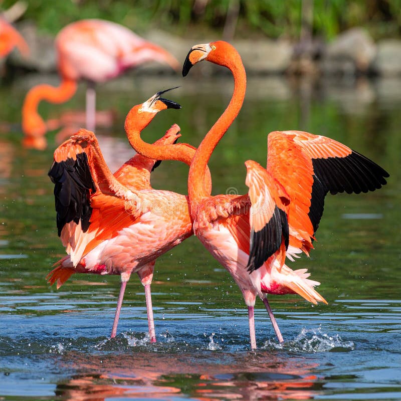 Flaningo Fight. American Flamingo, Phoenicopterus Rubernice, Pink Big ...