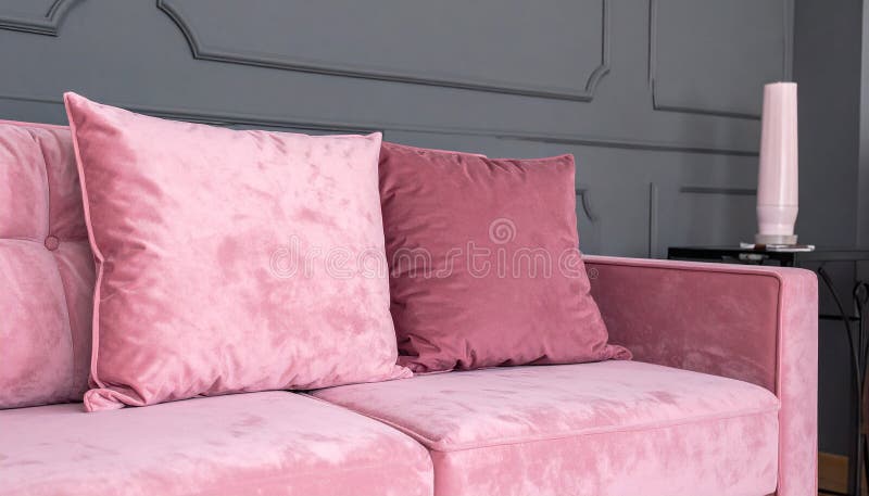 Pink Velvet Sofa in a Luxurious Living Room Interior with Molding on Pink Walls and Retro Design ...