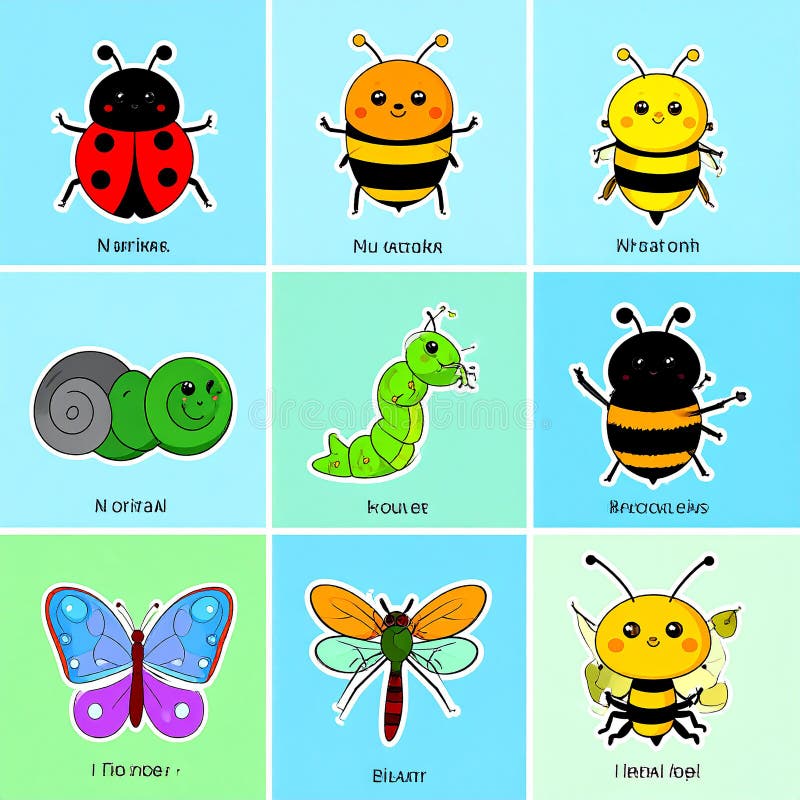 Cute Insect Characters Butterfly Spider Beetles Stock Vector