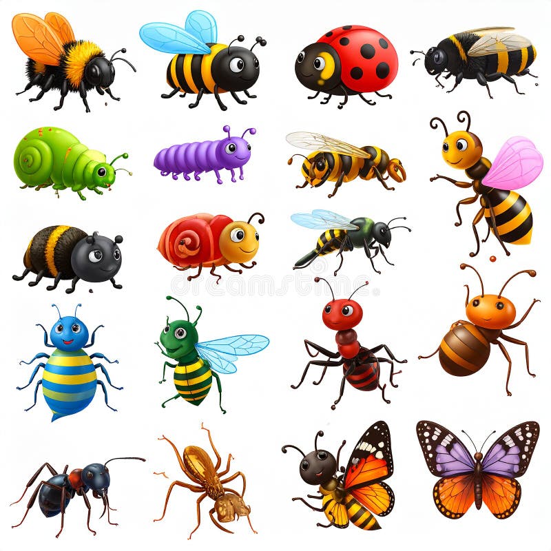 Cute Bugs and Insects Cartoon Characters, Bumblebee, Ladybug, Ant ...