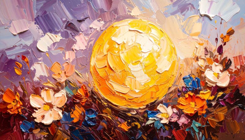 Vivid Impressionist Painting of a Bright Yellow Moon Glowing in a Deep ...