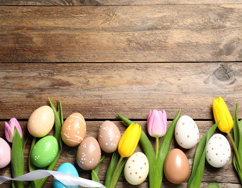 Many Painted Easter Eggs on Blue Background, Flat Lay Stock Illustration - Illustration of ball ...