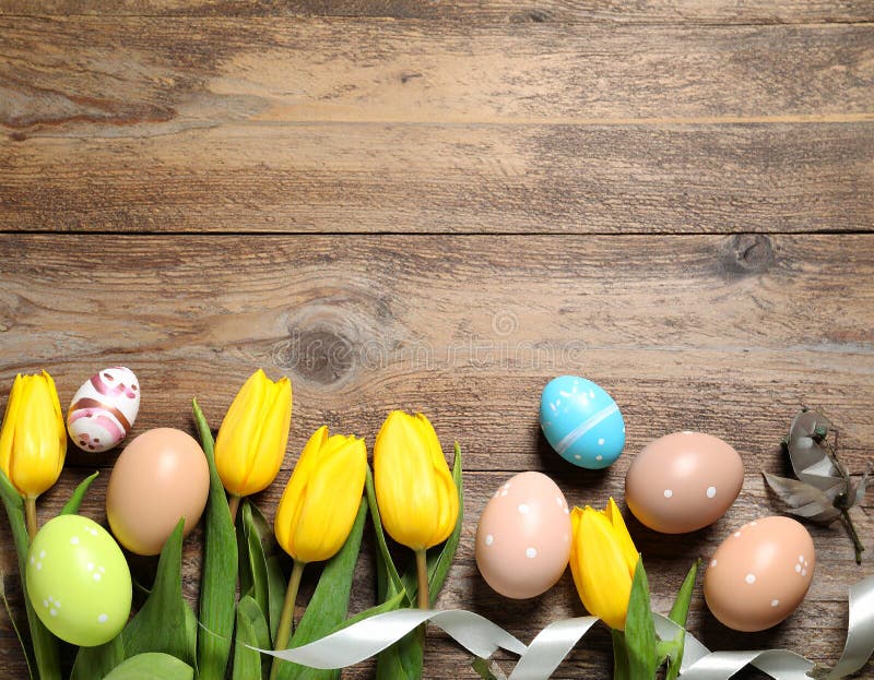 Many Painted Easter Eggs on Blue Background, Flat Lay Stock Illustration - Illustration of ball ...