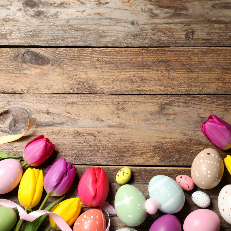 Many Painted Easter Eggs on Blue Background, Flat Lay Stock Illustration - Illustration of ball ...