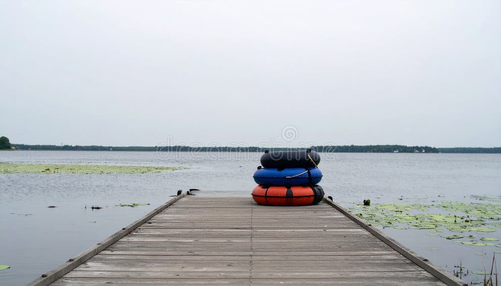 Stack of Inner Tubes on Deserted Lake Dock with Overexposed Sky Stock ...