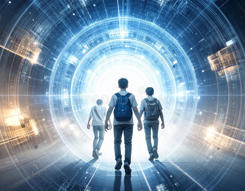 Generated Image of Three Teens Walking into a Glowing Portal Stock ...