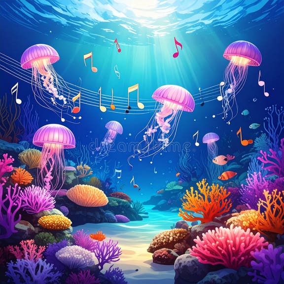 Fantasy Jellyfish Dancing with Music Notes in Vibrant Coral Reef ...
