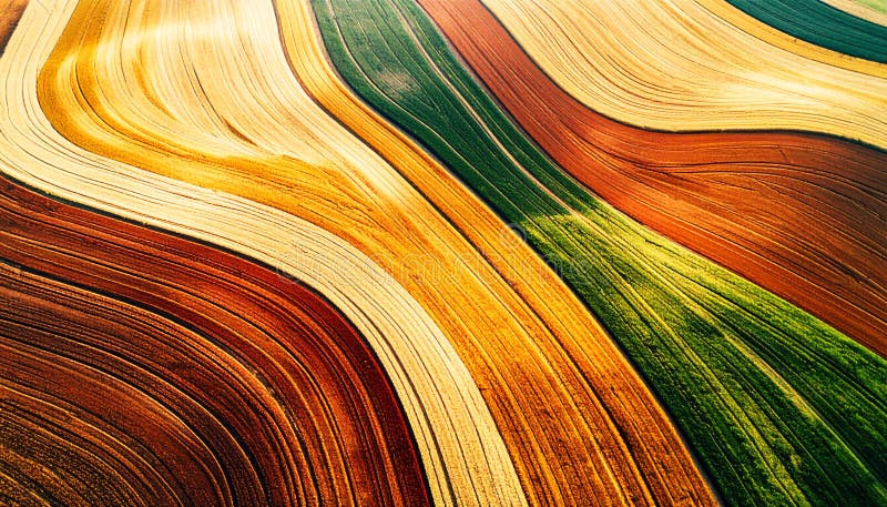 Aerial View of Agricultural Fields with Curving, Multicolored Crop ...