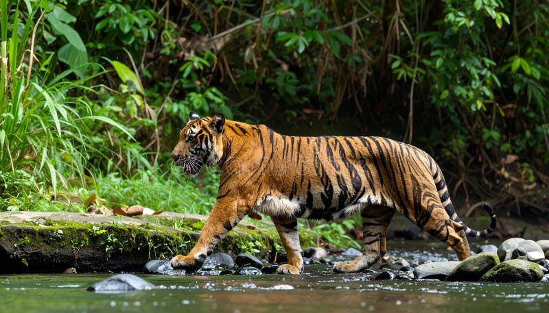 Sumatran Tiger Walking Near a River in a Tropical Forest Stock ...