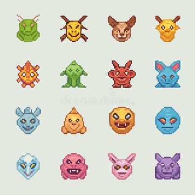 Sixteen Pixel Art Monster Faces Arranged in a 4x4 Grid Stock Vector ...