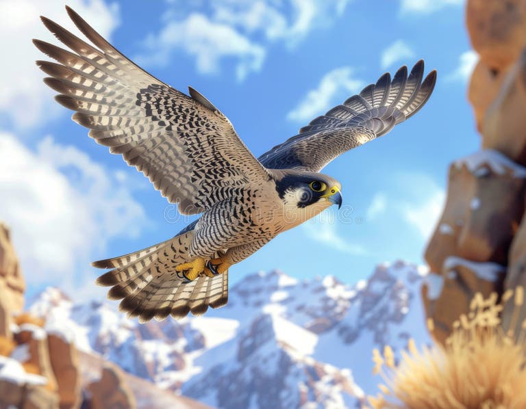 Majestic Peregrine Falcon Soaring Over Snowy Mountains Stock Image ...