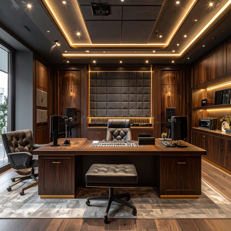 Luxury Office Interior with Modern Executive Desk and Dark Wood Design ...