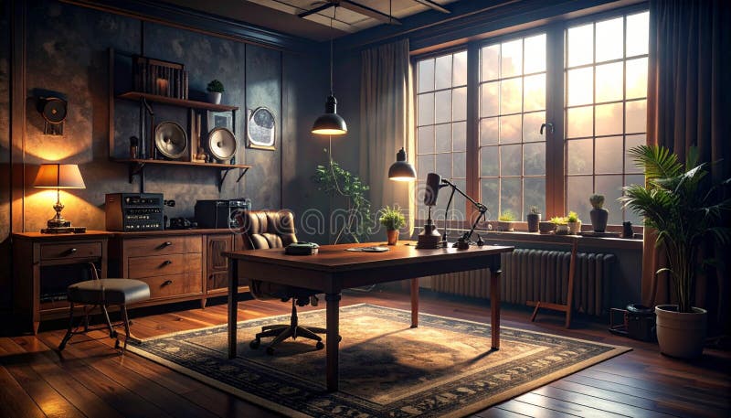 Vintage Home Office Interior with Classic Wooden Desk and Retro Stereo ...