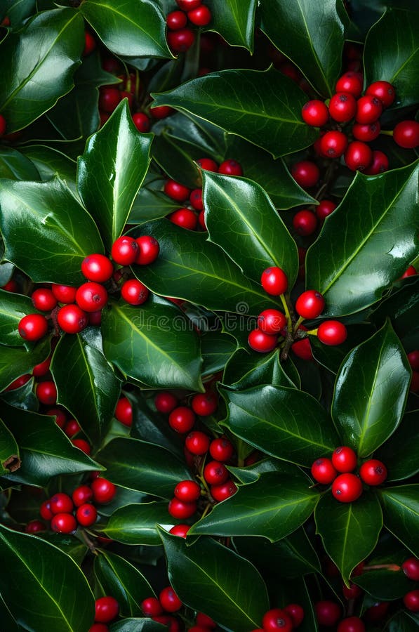 Abstract Background with Green Holy Berry Leaves and Baubles. Stock ...