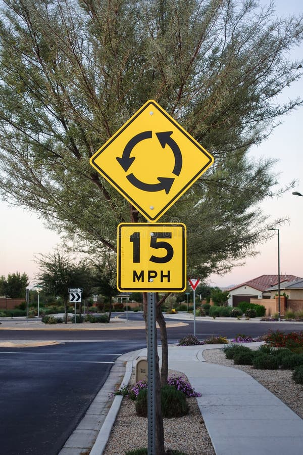 Advisory Sign for Upcoming Traffic Circle or Roundabout Stock Photo ...