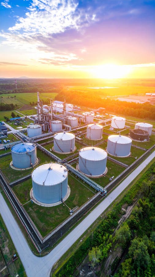 Aerial View of Oil Refinery Storage Tanks at Sunrise Stock Image ...