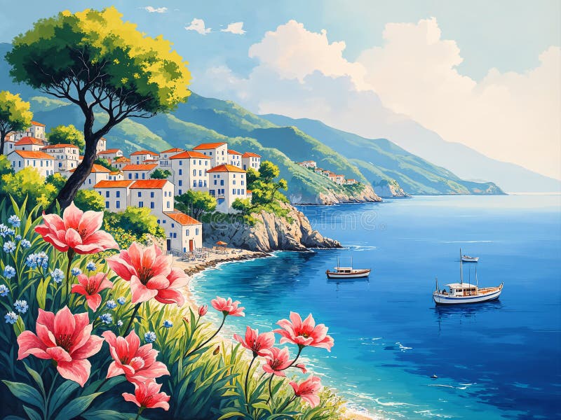 Mediterranean Coast Waterscape Illustration Stock Illustration ...