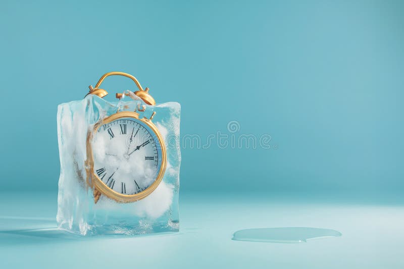 Alarm Clock in Ice Cube, Frozen Time. Stopping the Time Concept, Freeze ...