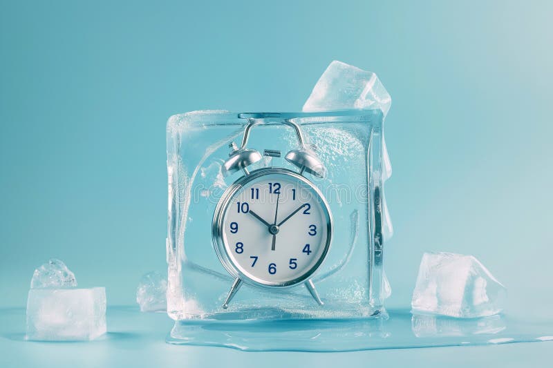 Alarm Clock in Ice Cube, Frozen Time. Stopping the Time Concept, Freeze ...