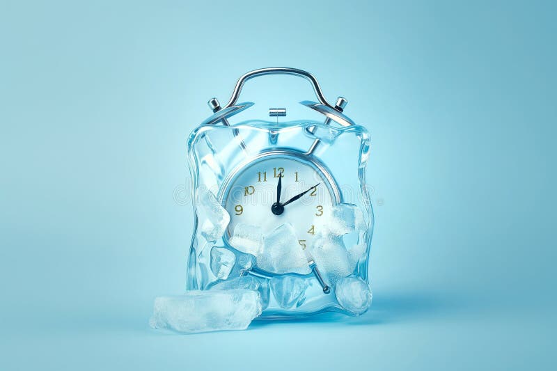Alarm Clock in Ice Cube, Frozen Time. Stopping the Time Concept, Freeze ...