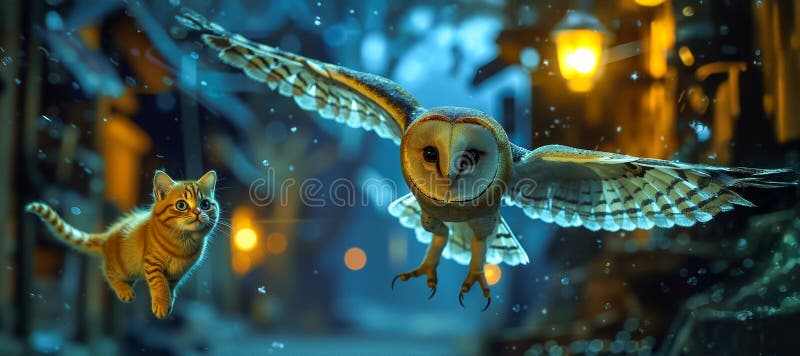 A Cat and an Owl are Flying through the Air Stock Photo - Image of ...