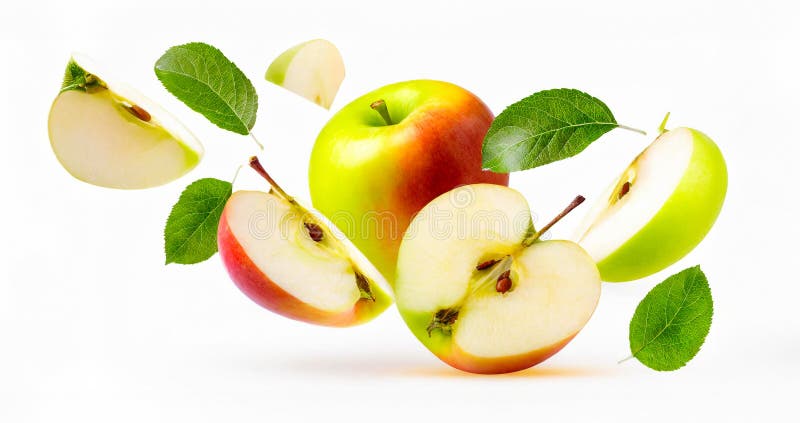 Apples with Half Slices Apples Falling or Flying in the Air with Green ...