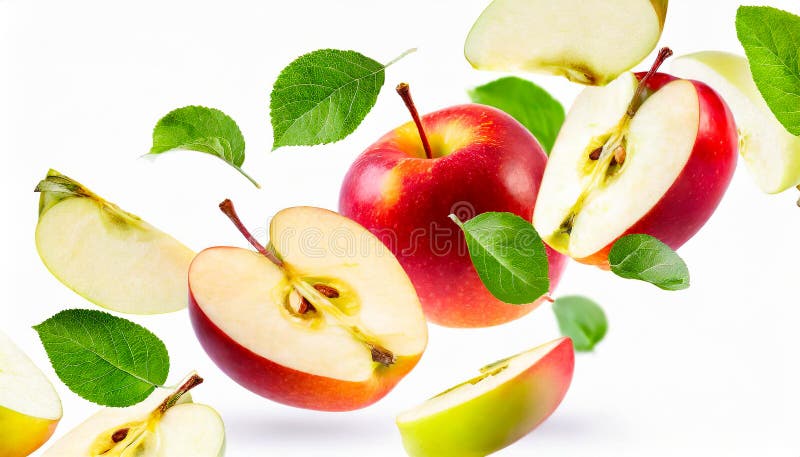 Apples with Half Slices Apples Falling or Flying in the Air with Green ...