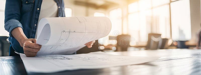 Architect S Hands Holding Large Blueprint on a Table in a Bright Modern ...