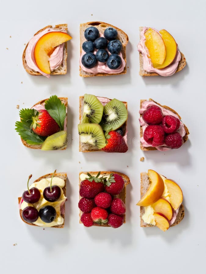 Assorted Colorful Fruit Topped Toast Slices Arranged Neatly on a White ...