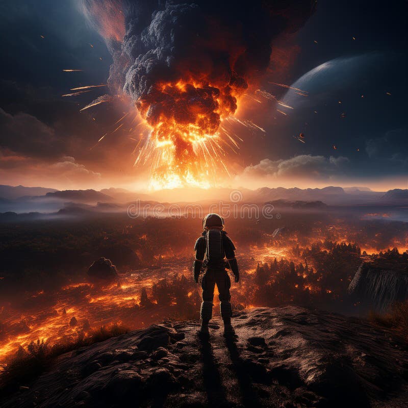 Astronaut in Suit, Back View, Observing Cosmic Armageddon and Planet ...
