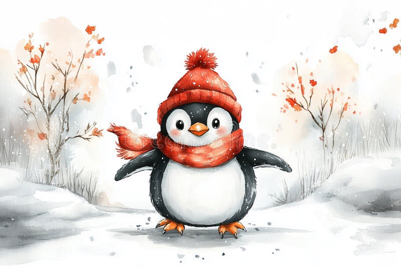 A Baby Penguin with a Red Scarf is Dancing in the Snow Stock ...