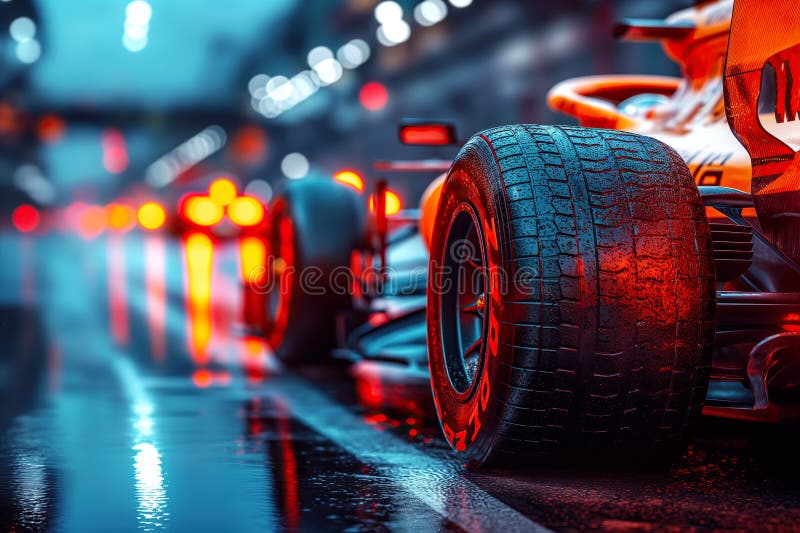 Back Rear Wheel of Red Formula One Racing Car at the Evening Start of ...