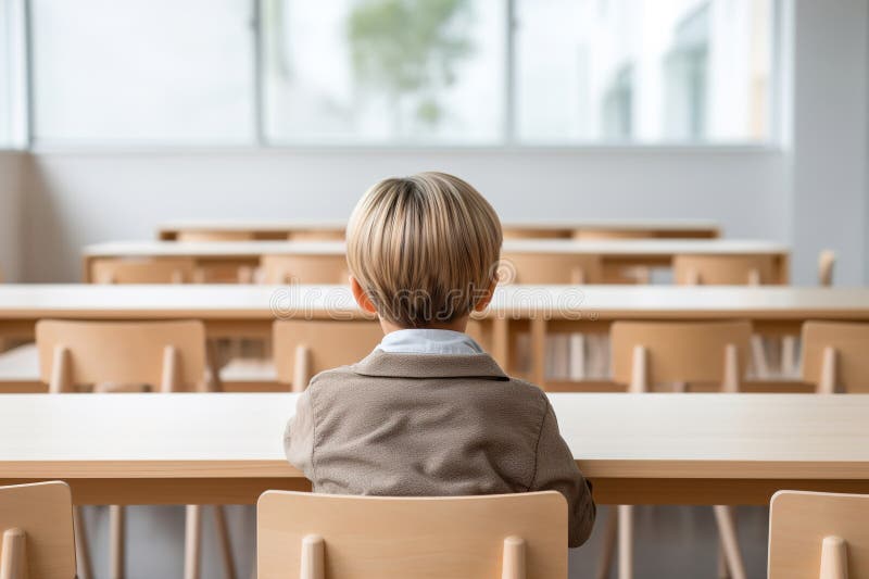 Back View of a Young Student Sitting Alone at a Desk in a Bright ...