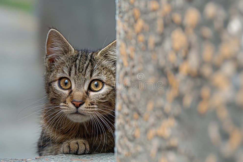 Barn Tabby Cat Peeking Around Corner. Space for Text Stock Illustration ...