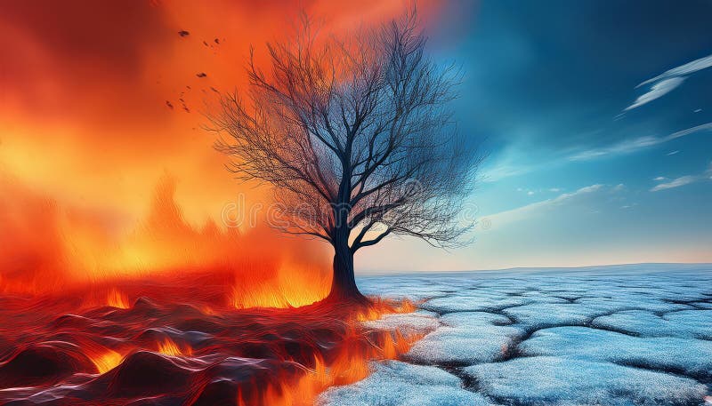 A Barren Tree Stands between Fire and Ice Symbolizing Conflict Duality ...