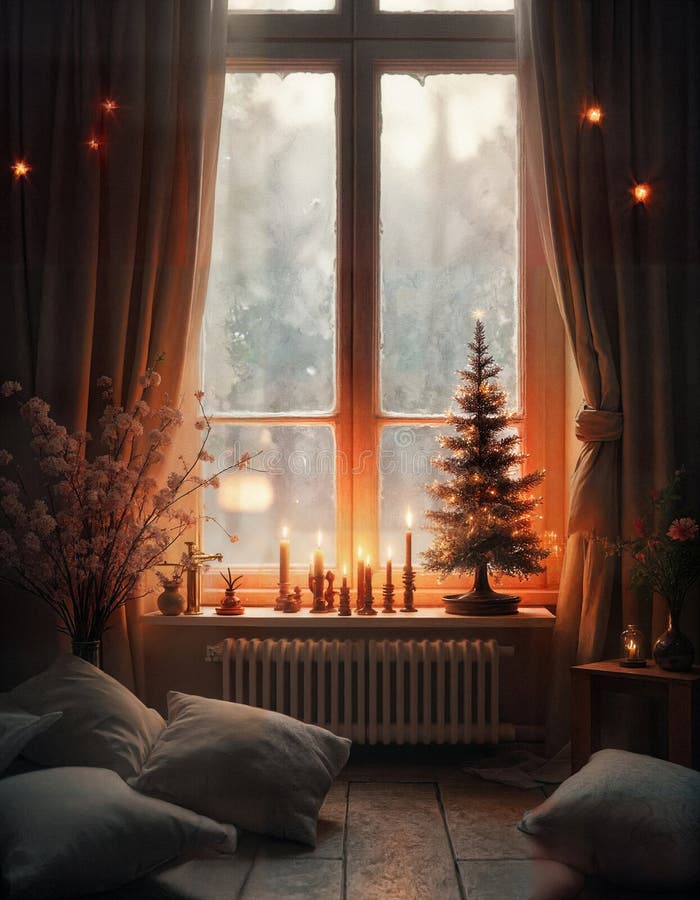 A Picturesque Window Features a Beautiful Christmas Tree in Front Stock ...