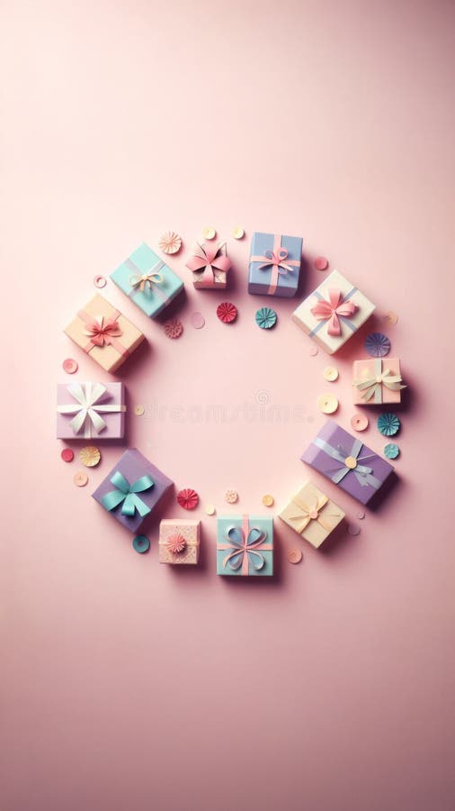 Beautifully Wrapped Gift Boxes Form a Circular Display on a Soft Pink ...