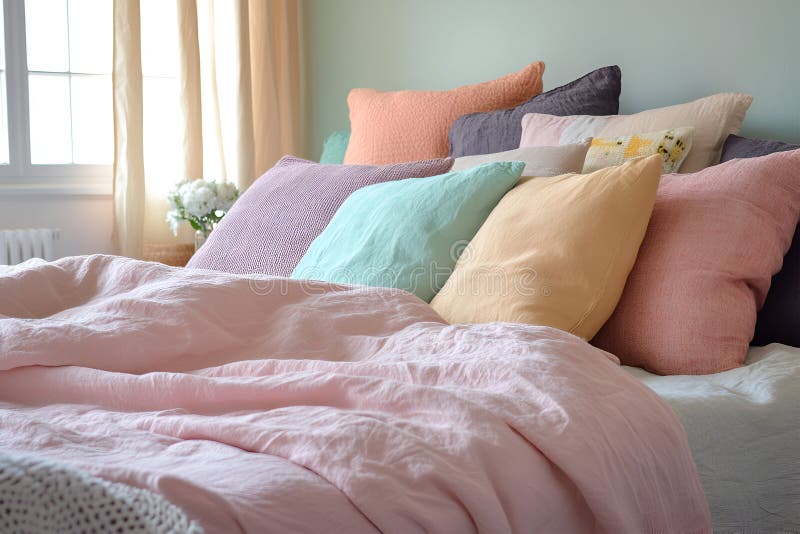 Bed with Beautiful Pink Silk Linens Indoors. Stock Illustration ...