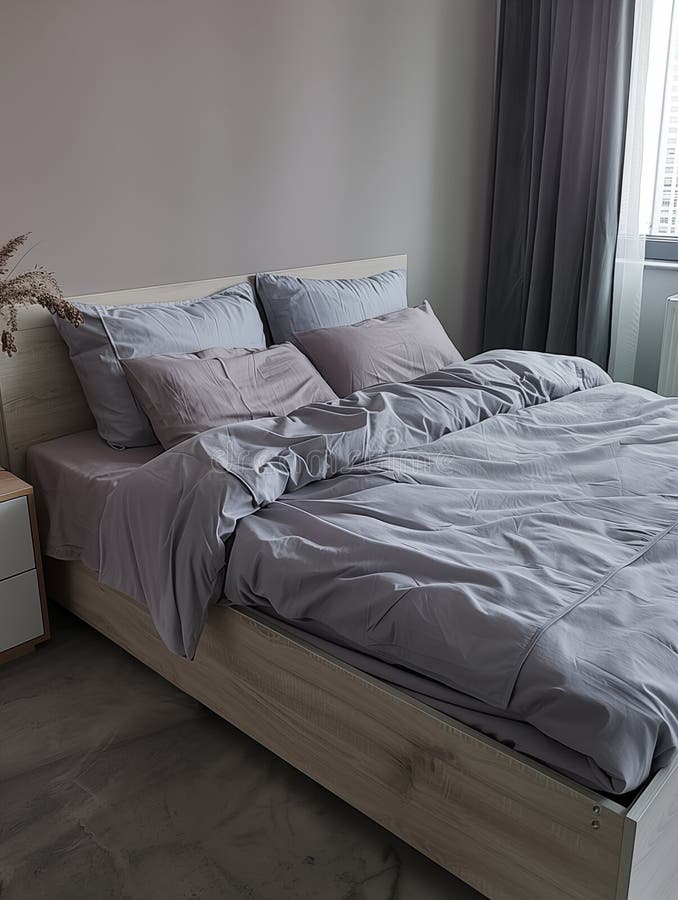Bed with Lavender and Gray Bedding Linen in Modern Bedroom with Natural ...