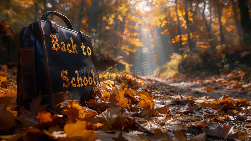 Back To School Backpack on a Fall Forest Path Stock Image - Image of ...