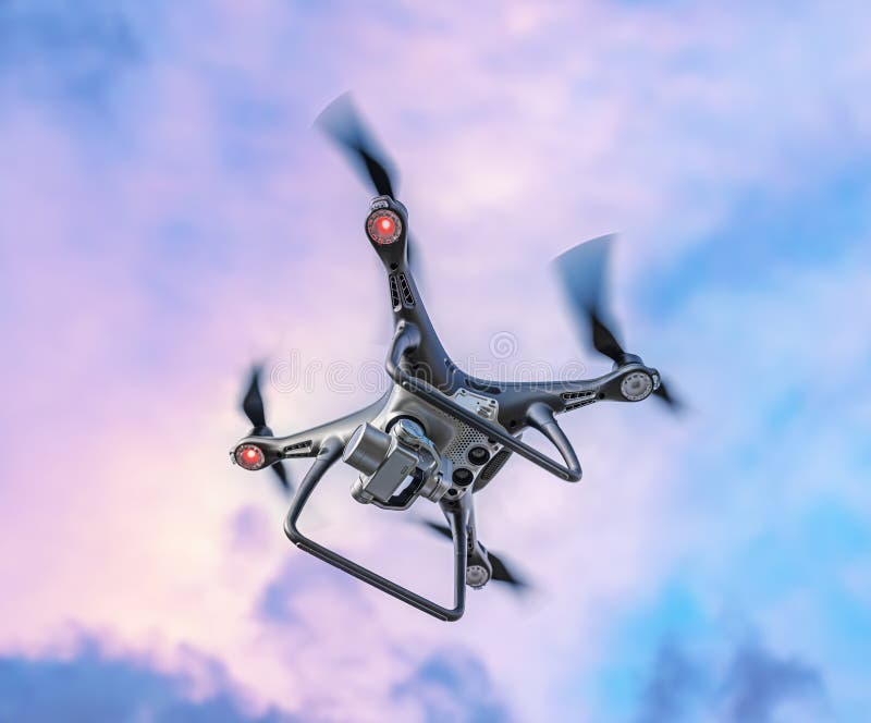 A Modern Drone with a Camera Flies in the Blue Sky. Generated by ...