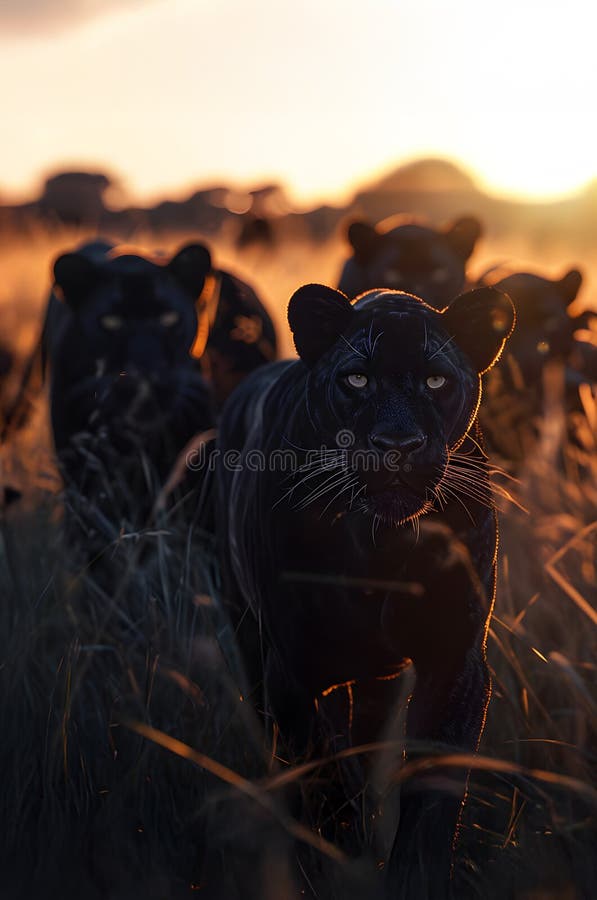 Black Panthers Standing in the Savanna with Setting Sun Shining. Stock ...