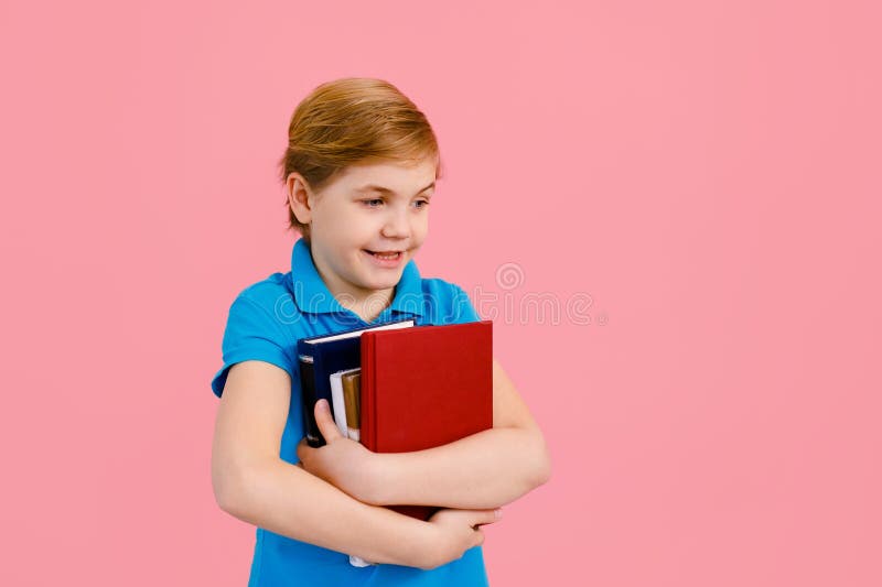 Blonde Boy T Shirt Reading Book Thirsty Knowledge Pink Background Stock ...
