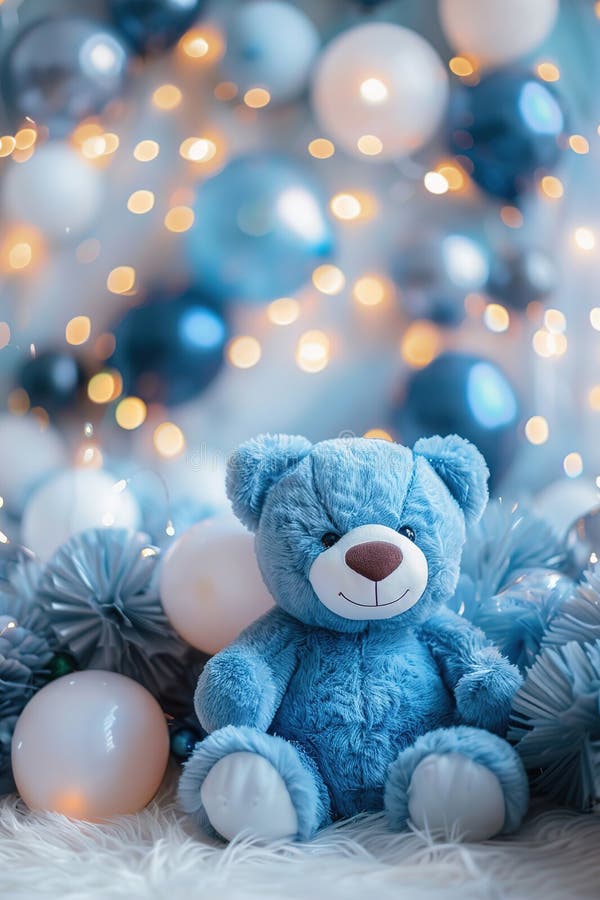 Blue Background with Cute Teddy Bear, Bokeh Lights, Balloons and Copy ...